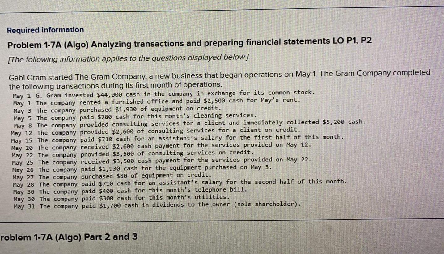 Solved Required information Problem 1-7A (Algo) Analyzing | Chegg.com