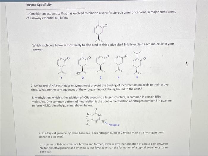 Solved Enzyme Specificity 1. Consider an active site that | Chegg.com