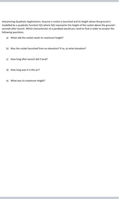 Solved Interpreting Quadratic Applications: Assume a rocket | Chegg.com