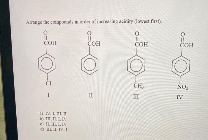 Solved Arrange the compounds in order of increasing acidity | Chegg.com