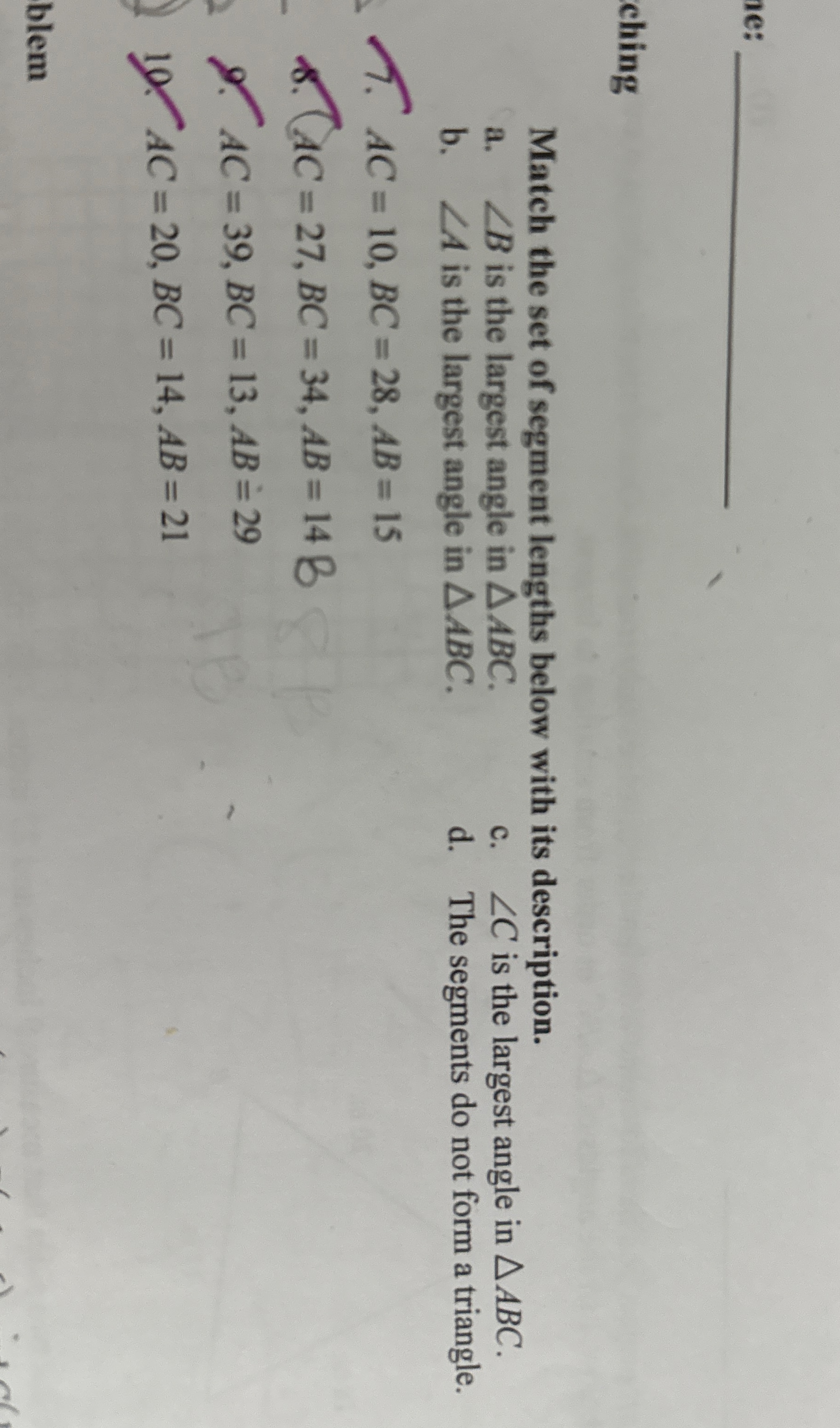 Solved Match the set of segment lengths below with its | Chegg.com