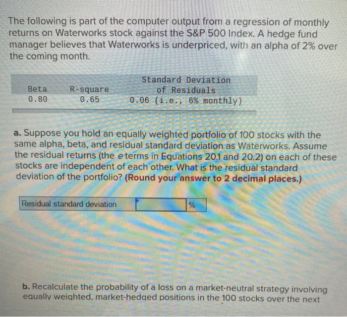 Solved The following is part of the computer output from a | Chegg.com