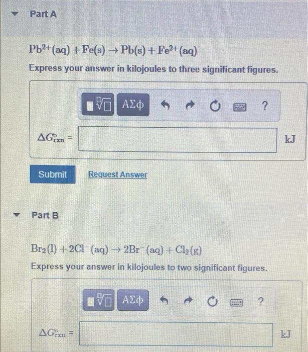 Solved Part A Pb2+ (aq) + Fe(s) → Pb(s)+Fe2+ (aq) Express | Chegg.com