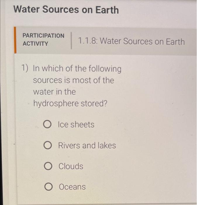 Solved Water Sources on Earth PARTICIPATION ACTIVITY 1.1.8: | Chegg.com