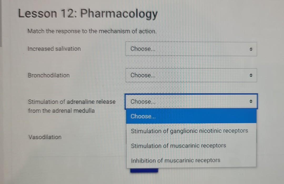 Solved Lesson 12: Pharmacology Match the response to the | Chegg.com