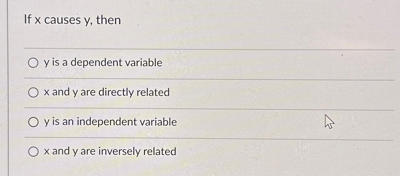 Solved If x ﻿causes y, ﻿theny ﻿is a dependent variablex ﻿and | Chegg.com
