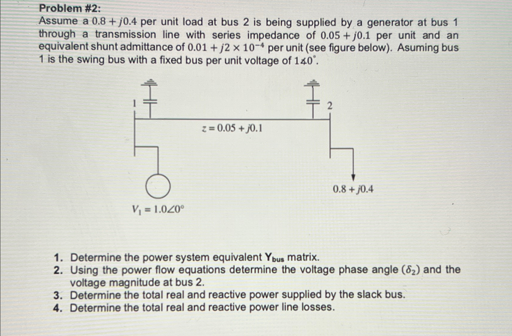 Solved Problem #2:Assume a 0.8+j0.4 ﻿per unit load at bus 2 | Chegg.com