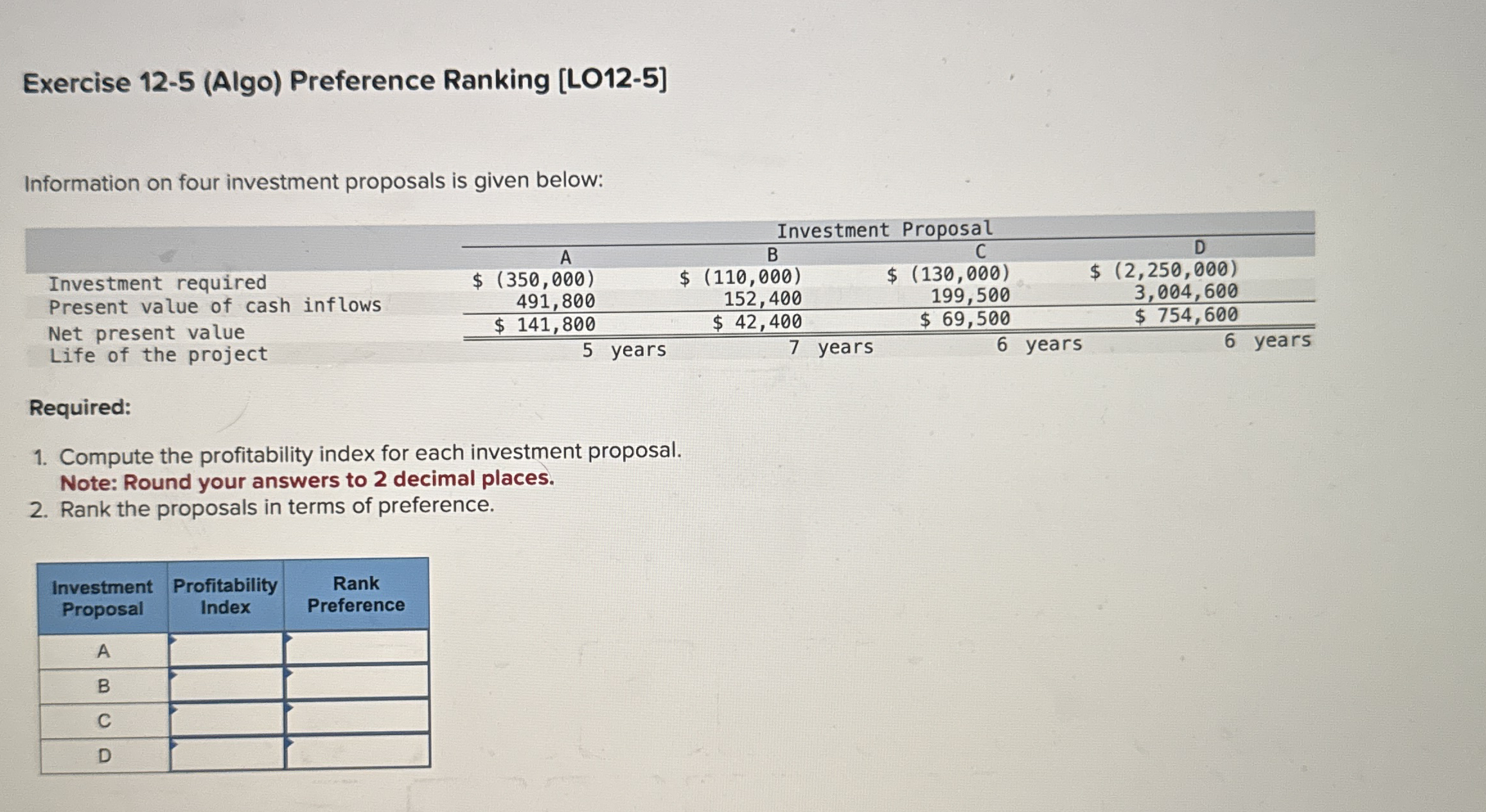 Solved Exercise 12-5 (Algo) ﻿Preference Ranking | Chegg.com