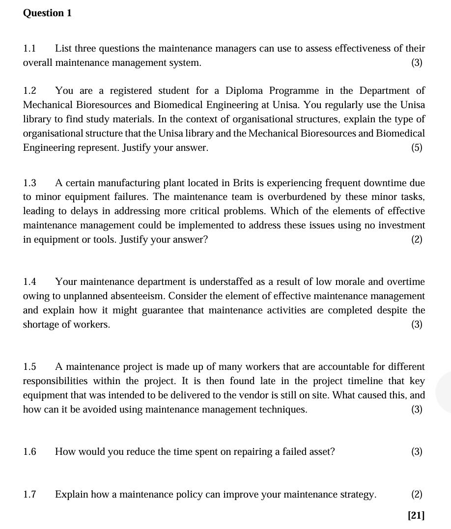 Solved Question 11.1 ﻿List three questions the maintenance | Chegg.com