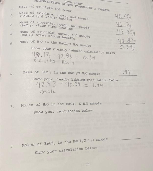 Solved 8. Moles of BaCl2 in the BaCl2⋅XH2O sample Show your | Chegg.com