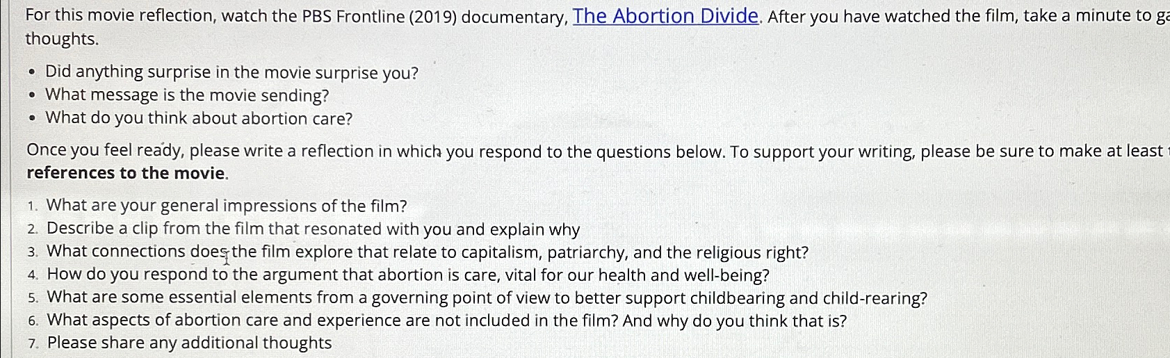 Solved For this movie reflection, watch the PBS Frontline | Chegg.com