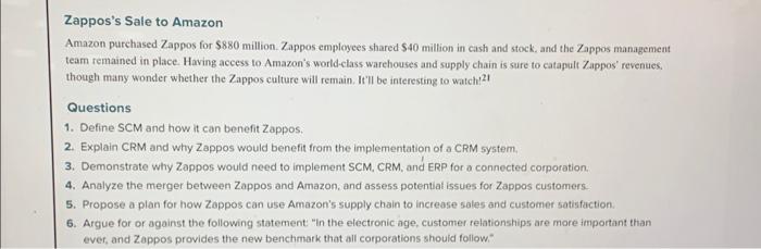 Solved Zappos's Sale to Amazon Amazon purchased Zappos for | Chegg.com