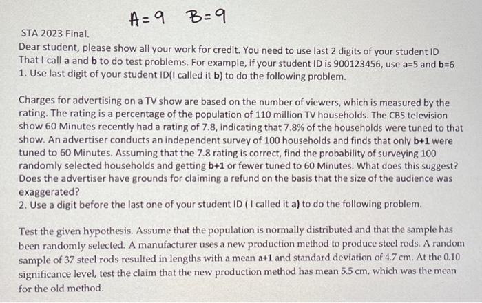 Solved STA 2023 Final. A=9B=9 Dear student, please show all | Chegg.com