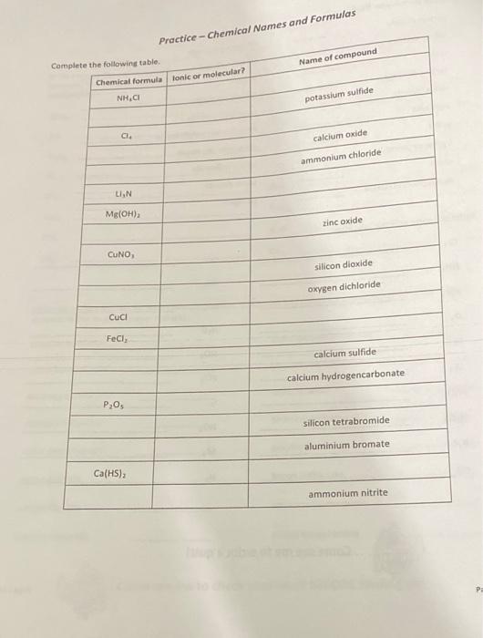 [Solved]: Practice-Chemical Names and Formulas Name of comp
