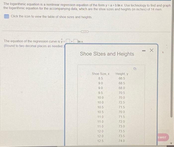 Solved The logarithmic equation is a nonlinear regression | Chegg.com