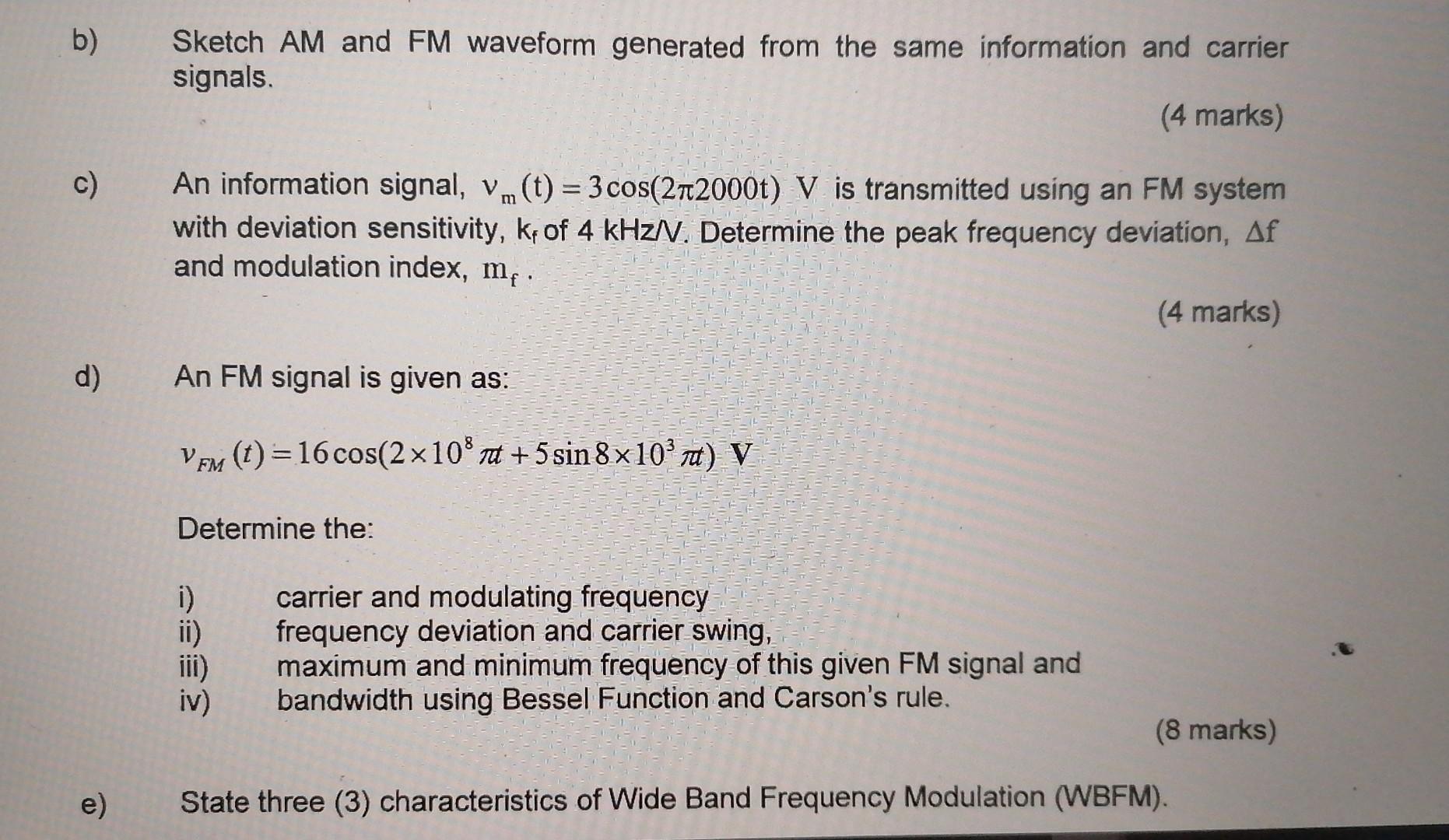 Solved b) Sketch AM and FM waveform generated from the same | Chegg.com
