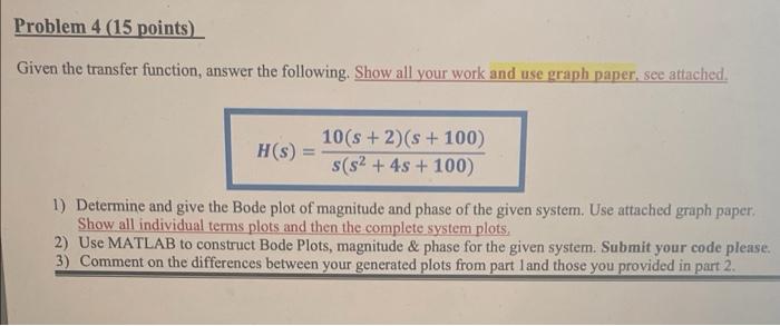 Solved Problem 4 (15 points) Given the transfer function, | Chegg.com
