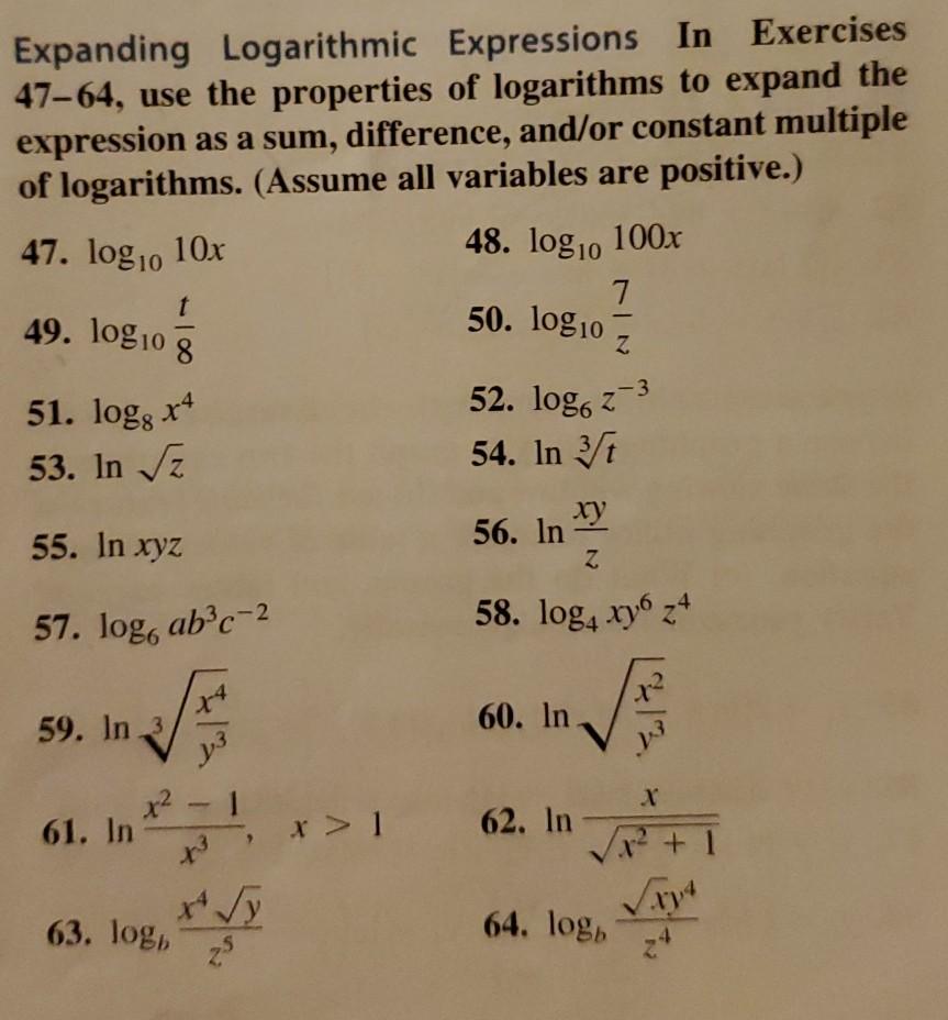 Solved Expanding Logarithmic Expressions In Exercises 47-64, | Chegg.com