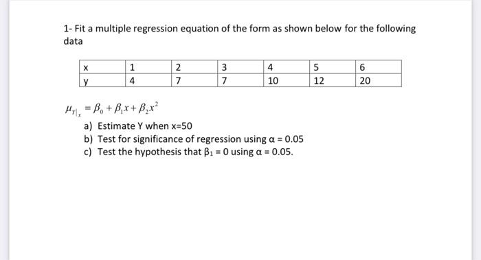 Solved 1- Fit a multiple regression equation of the form as | Chegg.com
