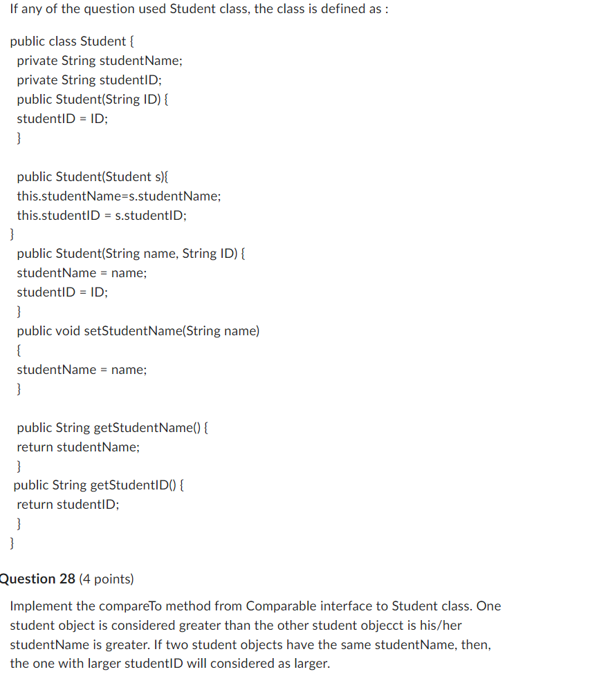 Solved Question 28 (4 ﻿points)Implement the compareTo method | Chegg.com