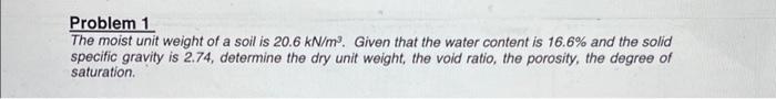Solved # Problem 1 The moist unit weight of a soil is 20.6 | Chegg.com