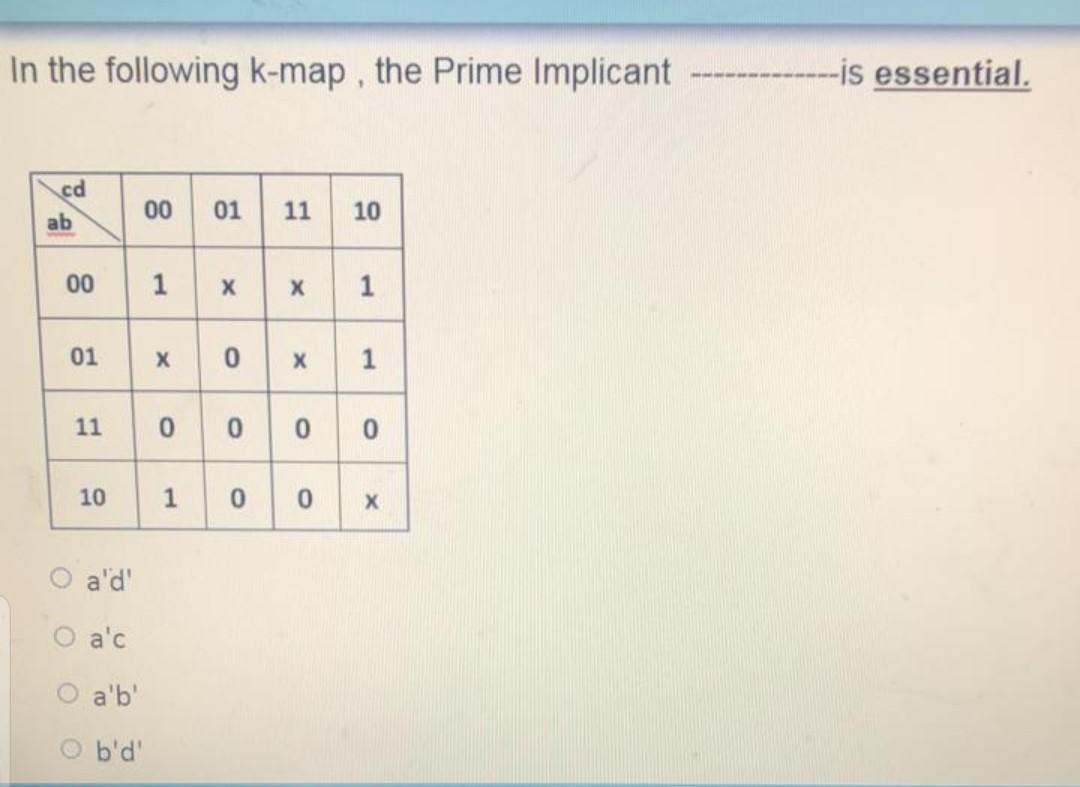 Solved In the following K-map, the Prime Implicant --is | Chegg.com