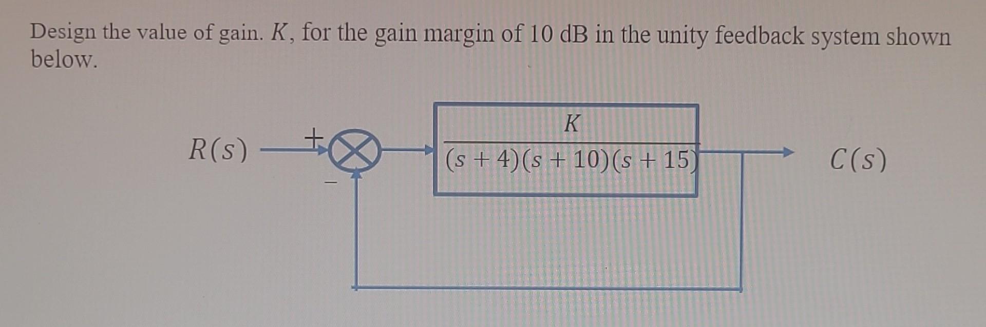 Solved Design the value of gain. K, for the gain margin of | Chegg.com