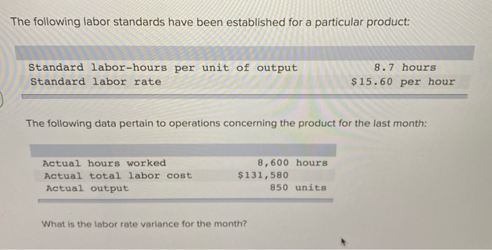 Solved The following labor standards have been established | Chegg.com