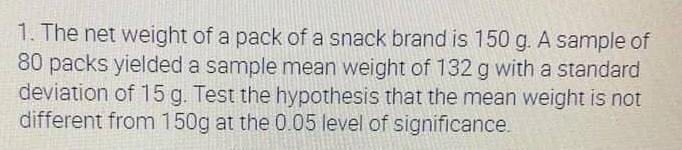 Solved 1. The net weight of a pack of a snack brand is 150 | Chegg.com