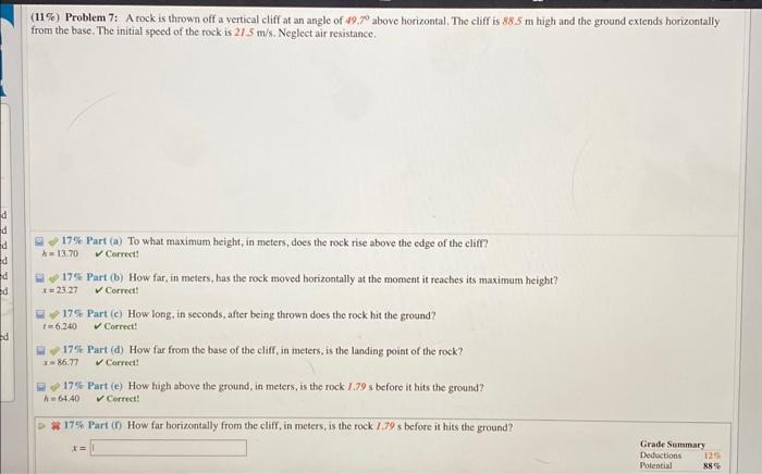 Solved (11\%) Problem 7: A rock is thrown off a vertical | Chegg.com