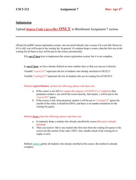 Csci 212 Assignment 7 Due Apr 6 Submission Upload