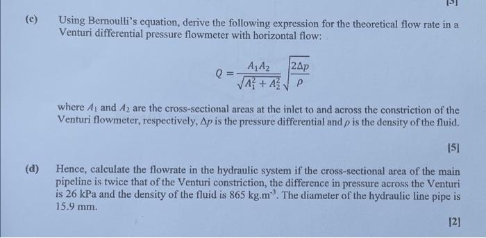 Solved c) Using Bernoulli's equation, derive the following | Chegg.com