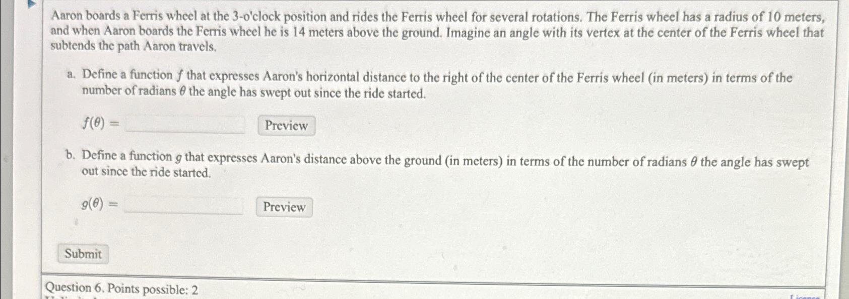 Solved Aaron boards a Ferris wheel at the 3-o'clock position | Chegg.com