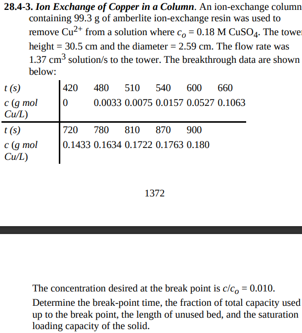 Solved 28.4-3. ﻿Ion Exchange of Copper in a Column. An | Chegg.com