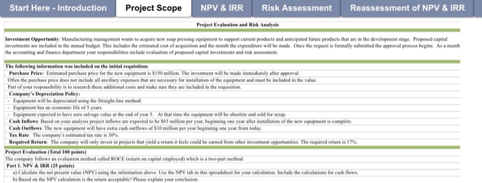 Solved Start Here - Introduction Project Scope NPV & IRR | Chegg.com