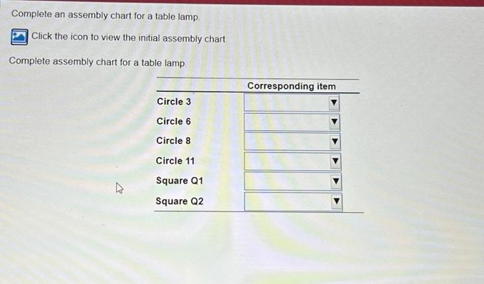 Complete an assembly chart for a table lamp Click the | Chegg.com
