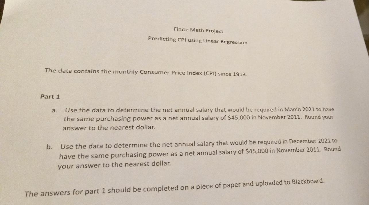 Solved Finite Math Project Predicting CPI using Linear | Chegg.com