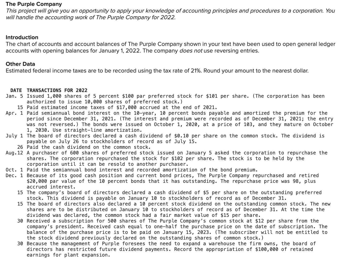 Solved The Purple Company TheThis project will give you an | Chegg.com