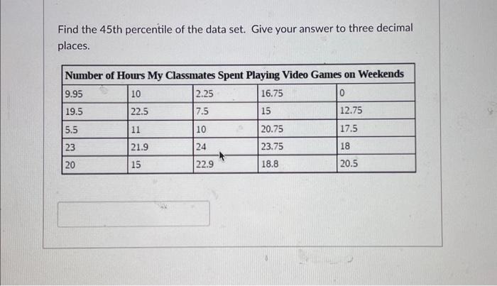 Solved Find the 45 th percentile of the data set. Give your | Chegg.com