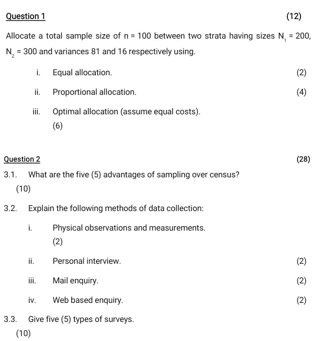 Solved Question 1Allocate a total sample size of n=100 | Chegg.com