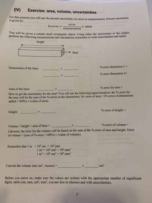 Solved (IV) Exercise: area, volume, uncertainties For this | Chegg.com