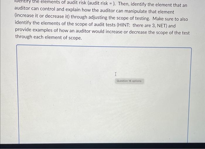 Solved Identiry the elements of audit risk (audit risk = ). | Chegg.com