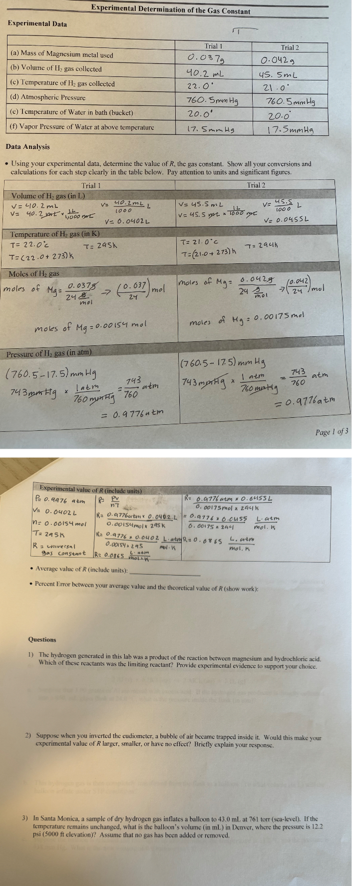 Solved Experimental Determination of the Gas | Chegg.com