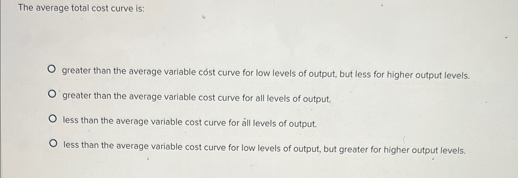 Solved The average total cost curve is:greater than the | Chegg.com