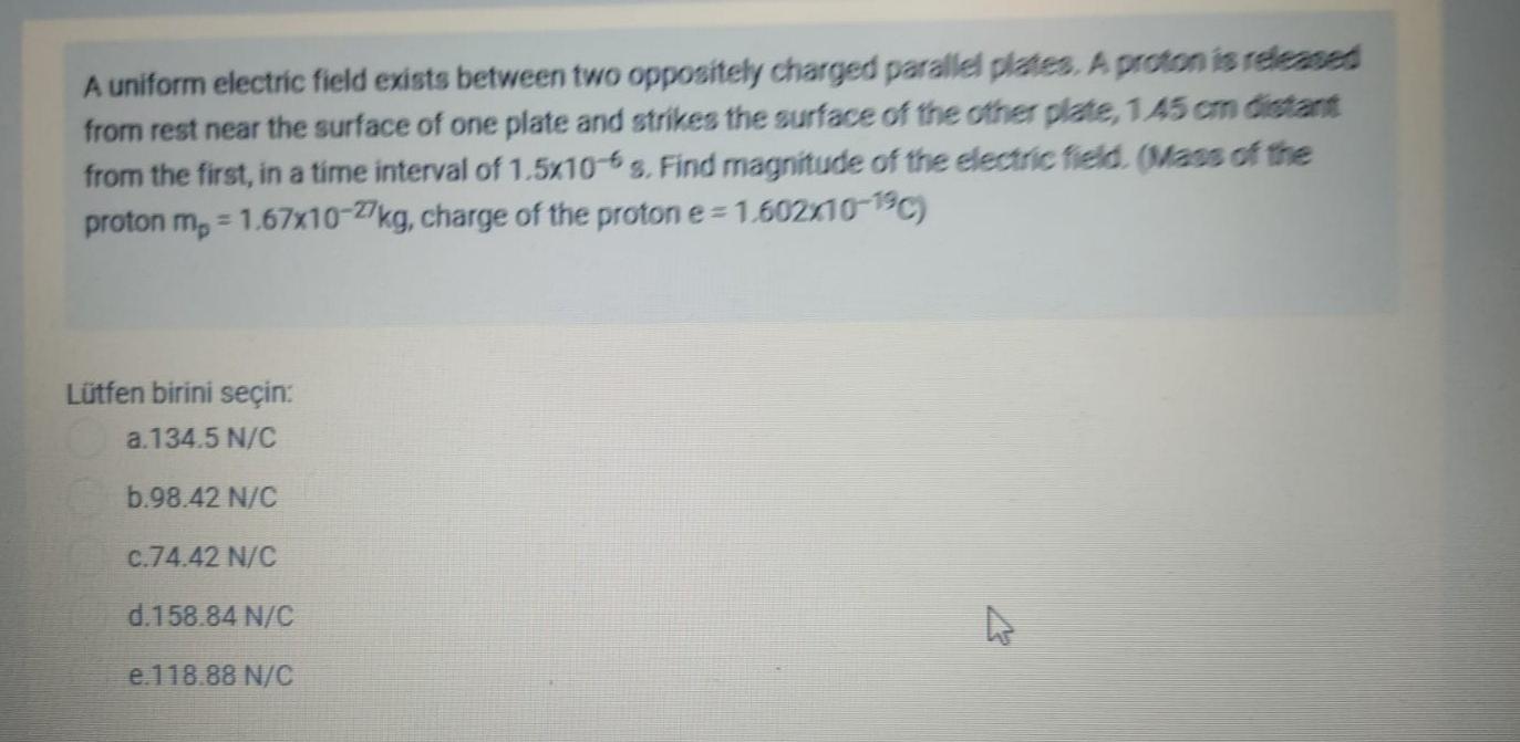 Solved A uniform electric field exists between two | Chegg.com