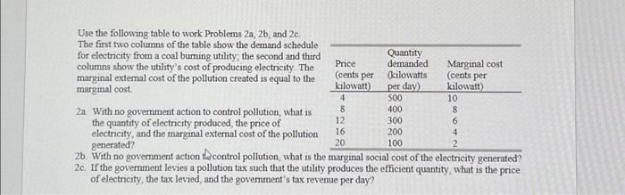 Solved Use the following table to work Problems 2a, 2b, and | Chegg.com