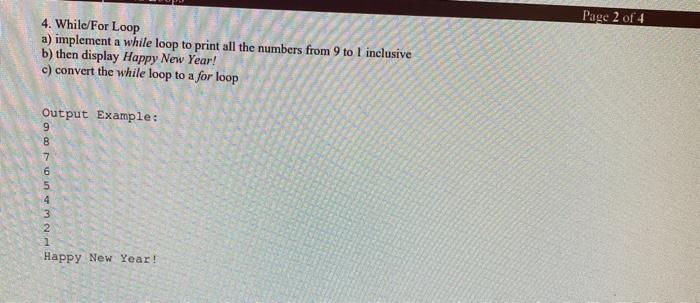 Solved Page 2 of 4 4. While/For Loop a) implement a while | Chegg.com