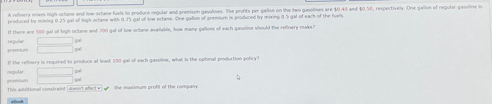 Solved produced by mixing 0.25gal of high octane with | Chegg.com