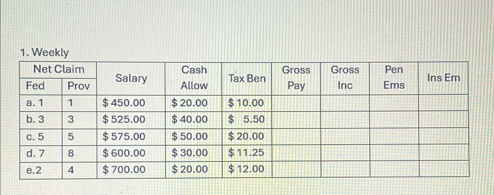 Weekly\table[[Net | Chegg.com