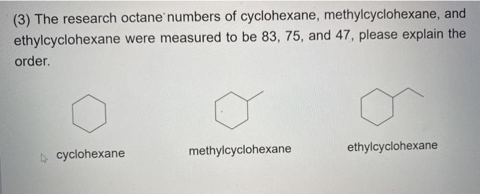 Solved (3) The research octane numbers of cyclohexane, | Chegg.com